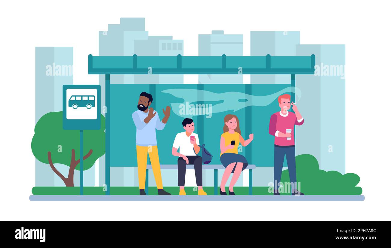 Man smoking at bus stop next to non smokers. Unhealthy bad habit ...