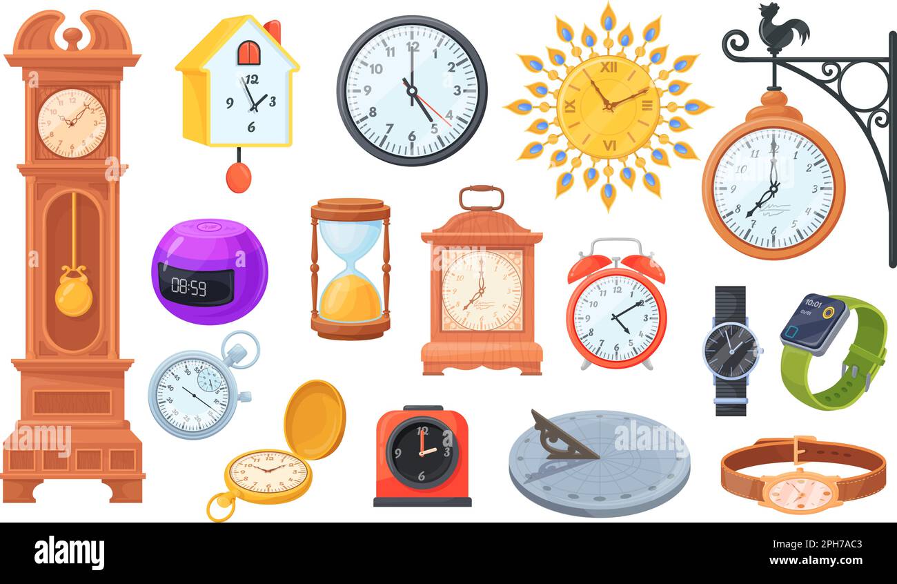 Mechanical and electronic clocks. Cartoon various clock, watch type ... Mechanical and electronic clocks. Cartoon various clock, watch type ...