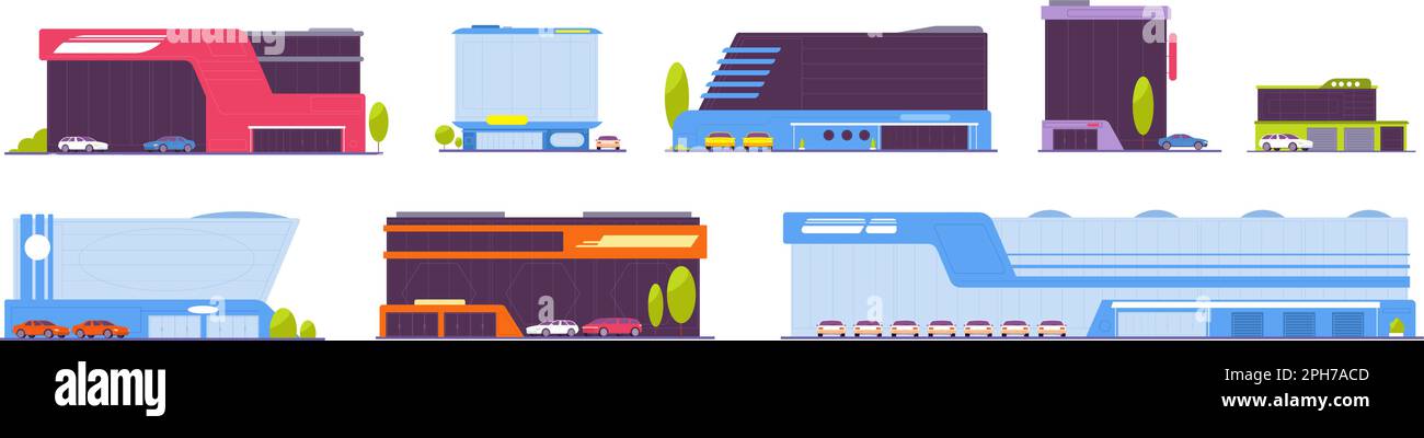 Car center building. Automotive showroom, auto dealer buildings ...