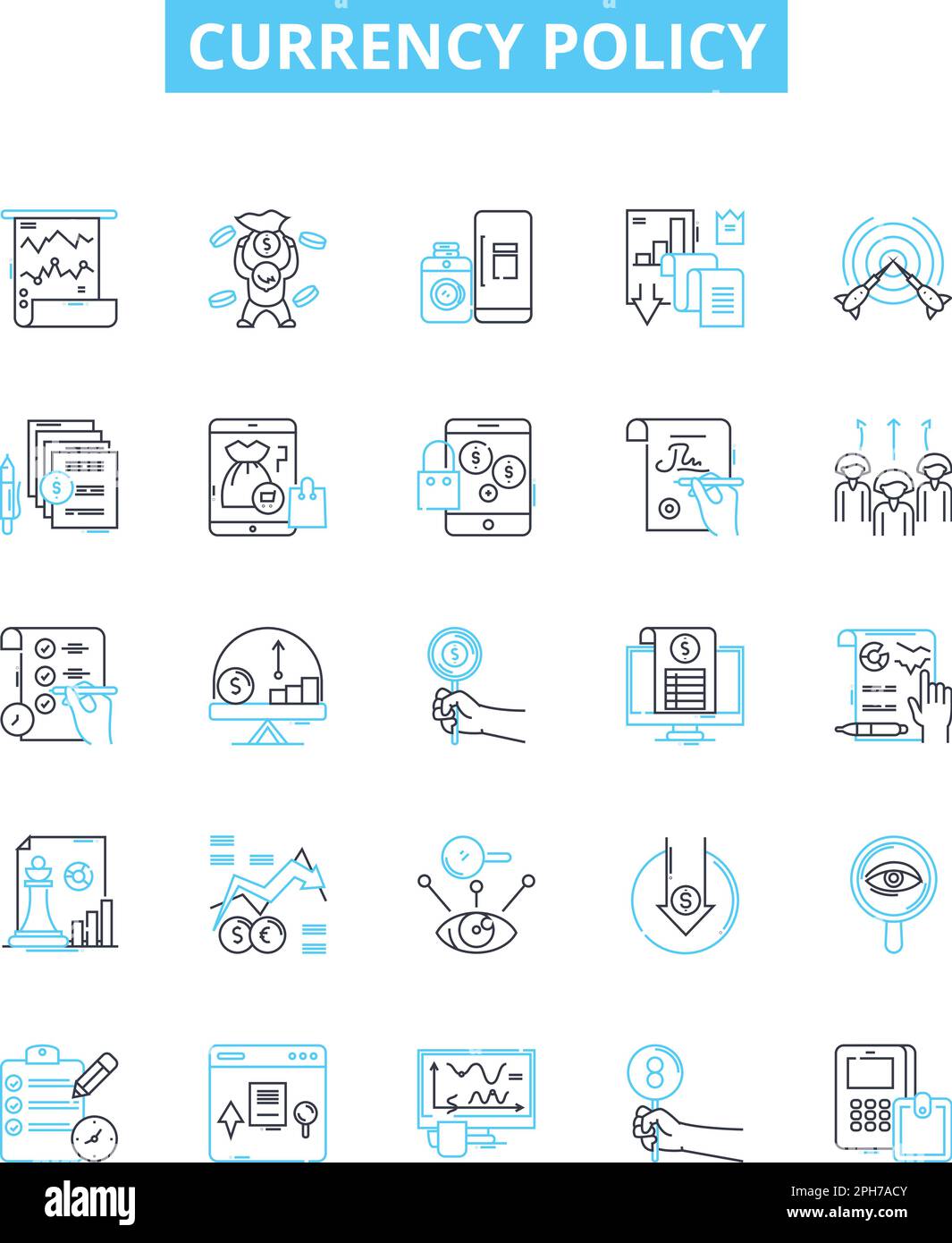 Currency policy vector line icons set. Exchange, Rate, Monetary, Value, Money, Foreign, Market ...