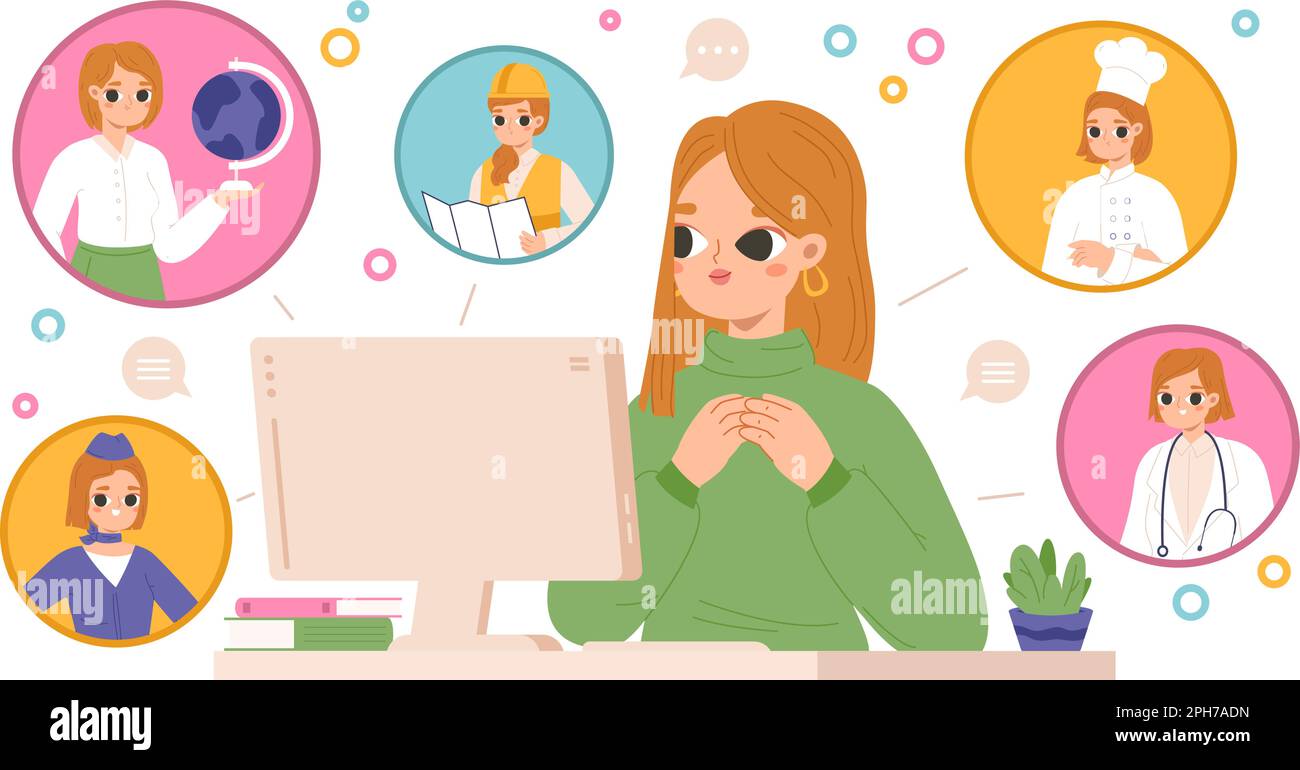 Girl choose profession. Student think about future work, school ...