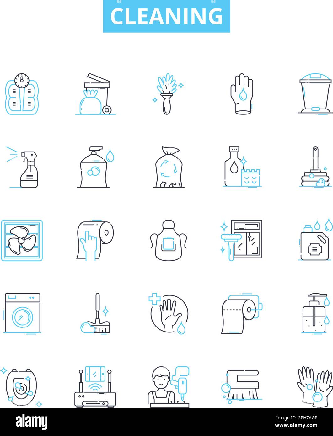 Cleaning vector line icons set. Scrubbing, Polishing, Washing, Sweeping ...