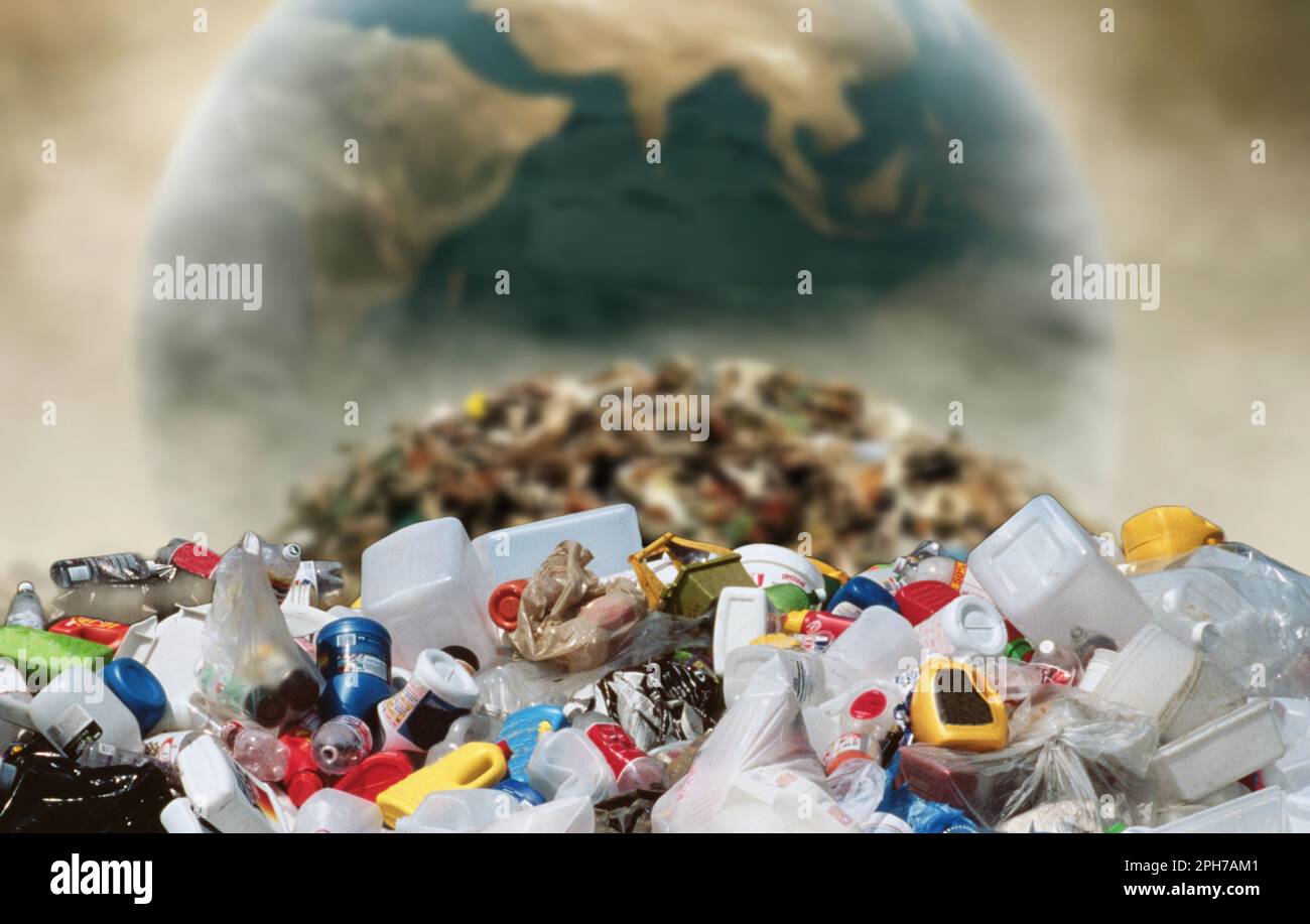 An image of earth pollution with a globe wrapped in smoke and a pile of ...