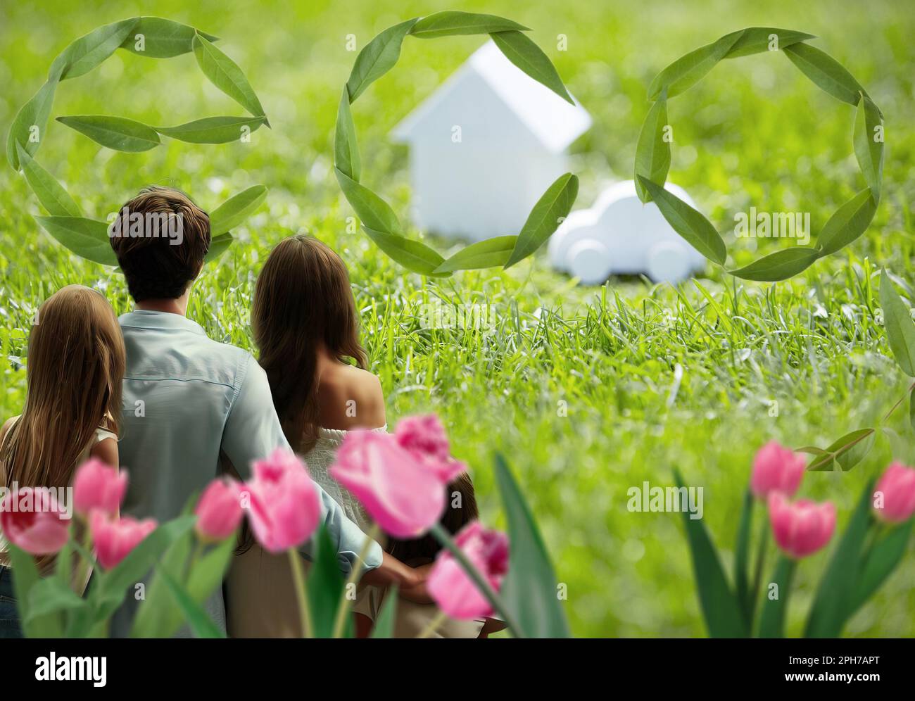 Ecology Concept - A metaphorical image of a young family looking with ...