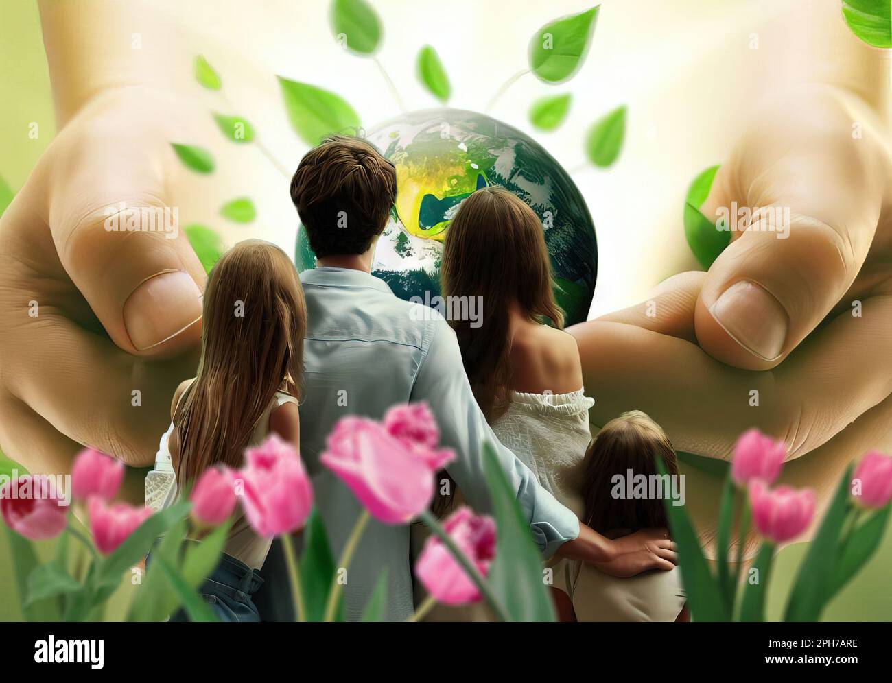 Ecology Concept - A metaphorical image of a young family looking with ...