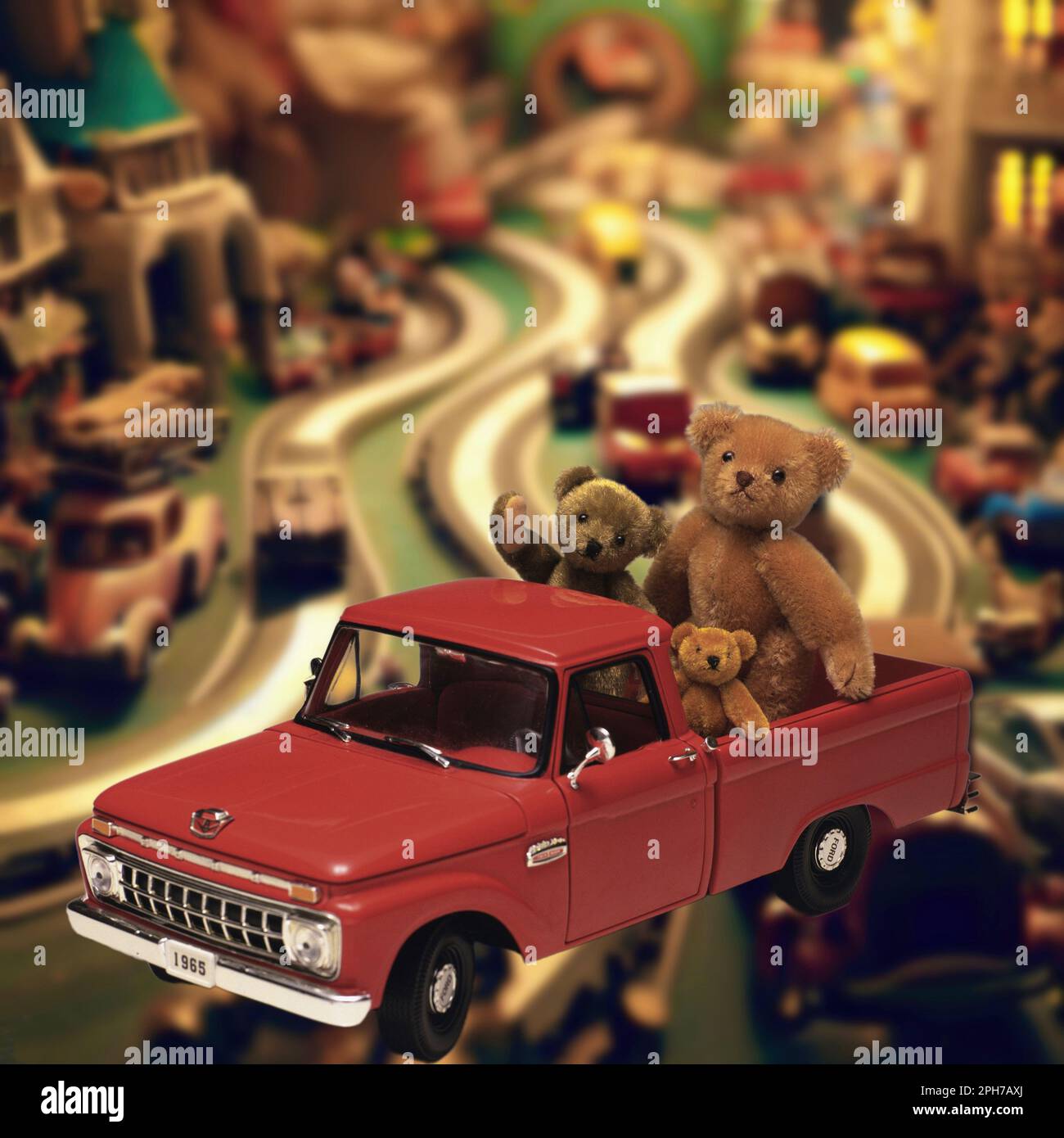 Vintage Toys - Cute teddy bears in a red car, driving along an imaginative road full of toys ...