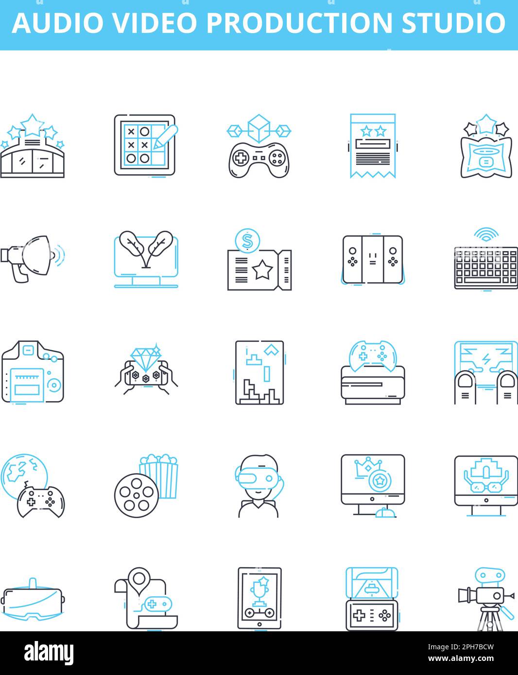 Audio video production studio vector line icons set. Recording, Mixing, Mastering, Editing ...