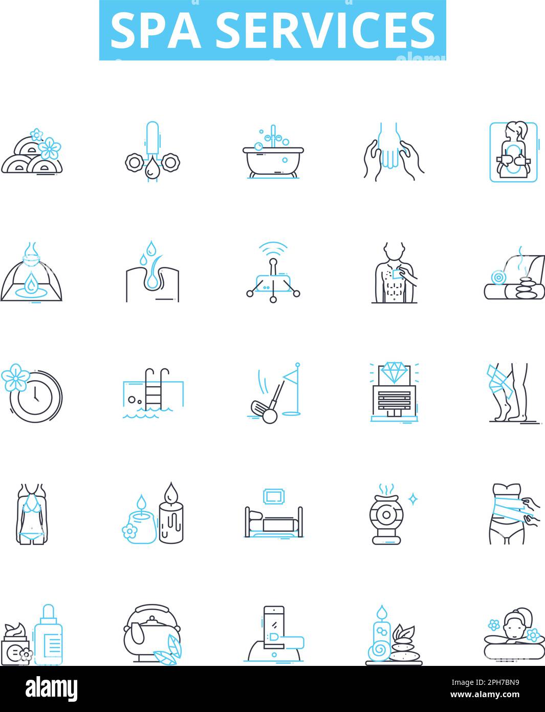 Spa services vector line icons set. Massage, Facial, Pedicure, Manicure, Waxing, Sauna, Scrubs ...