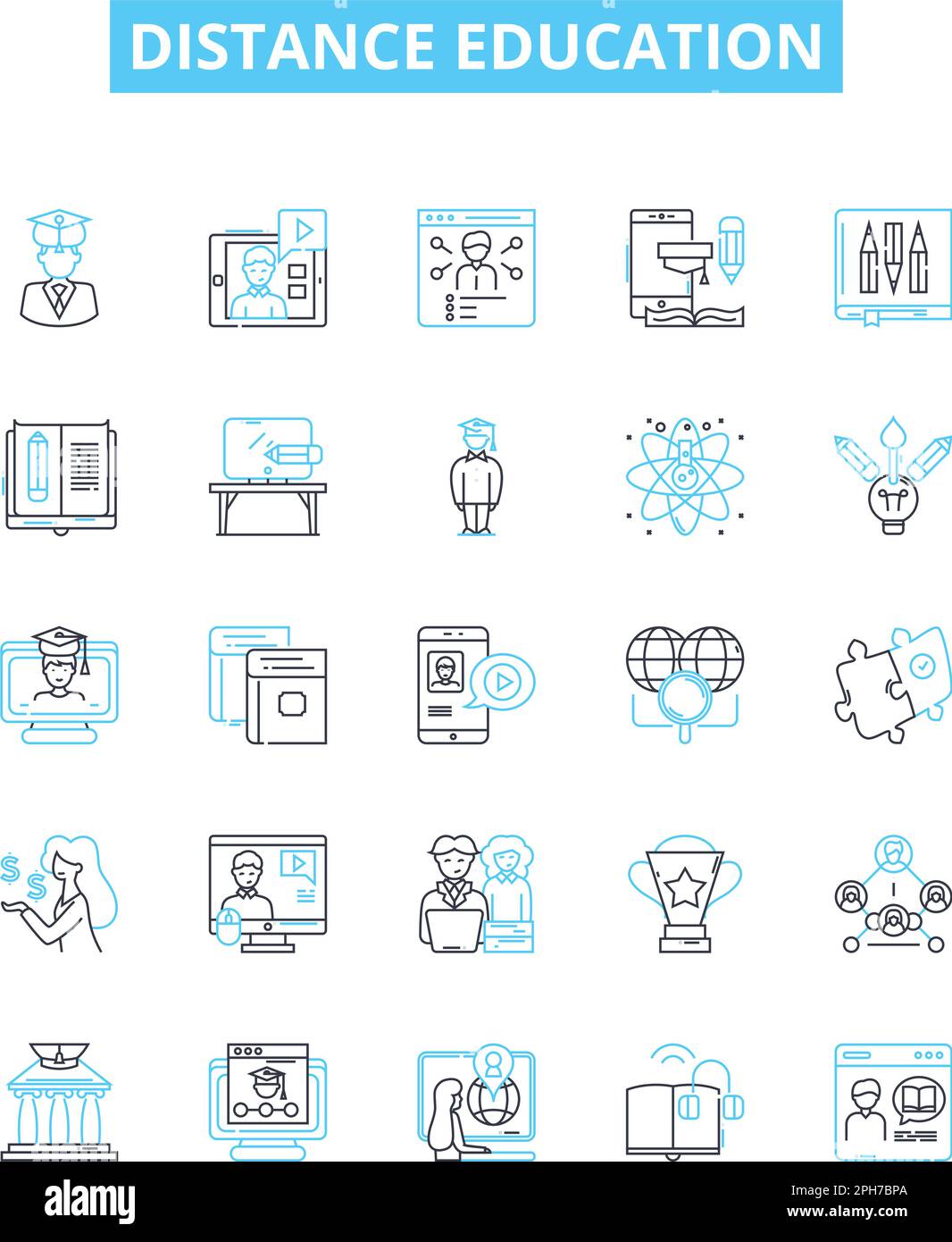 Distance education vector line icons set. Distance learning, eLearning ...
