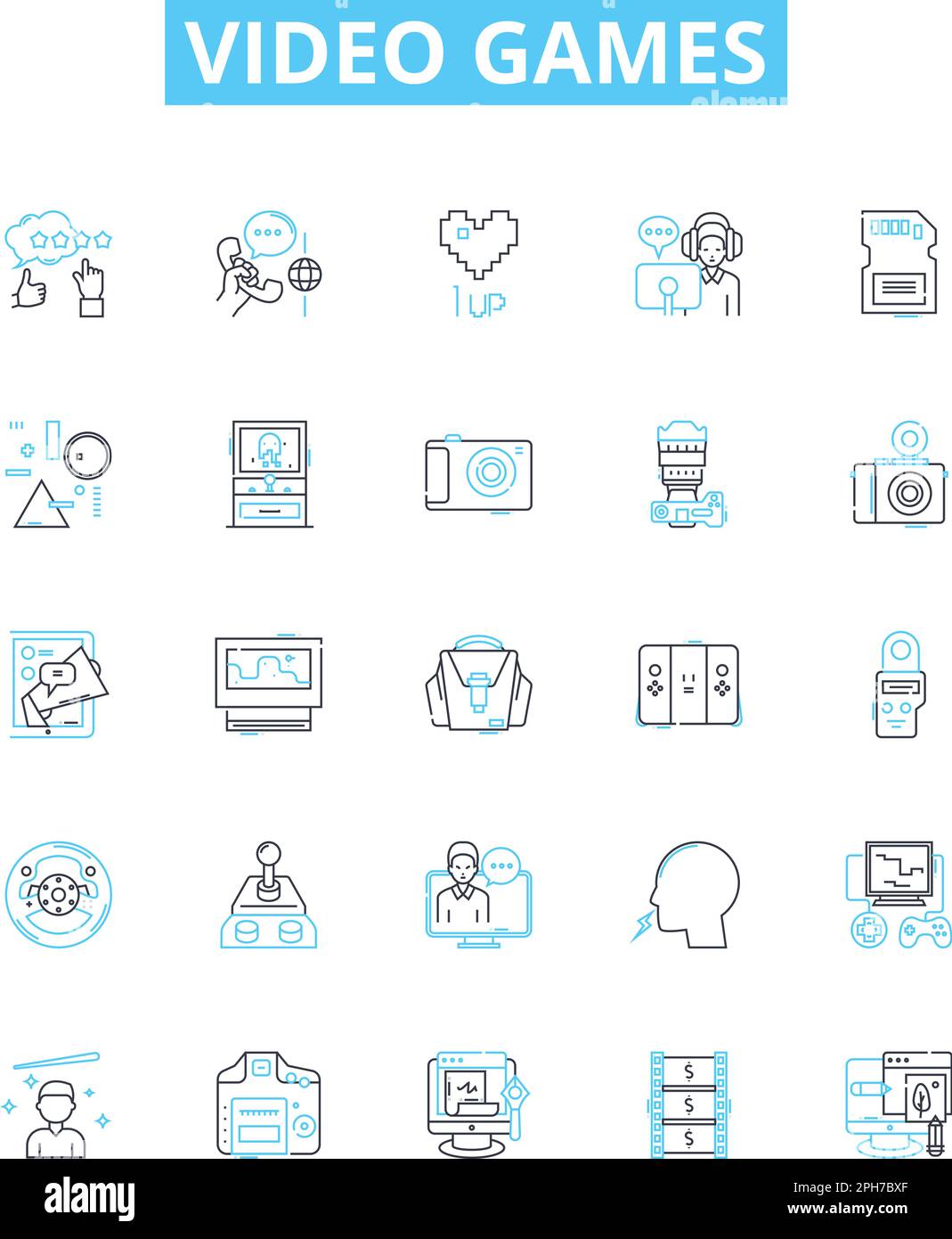 Video games vector line icons set. Gaming, consoles, Xbox, PlayStation, Nintendo, Action, RPG ...