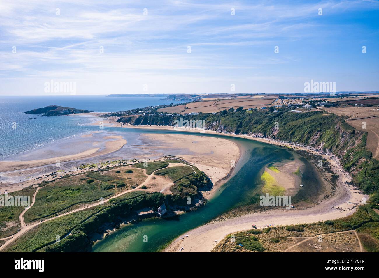 Aerial view of Bantham Beach and River Avon from a drone, South Hams ...