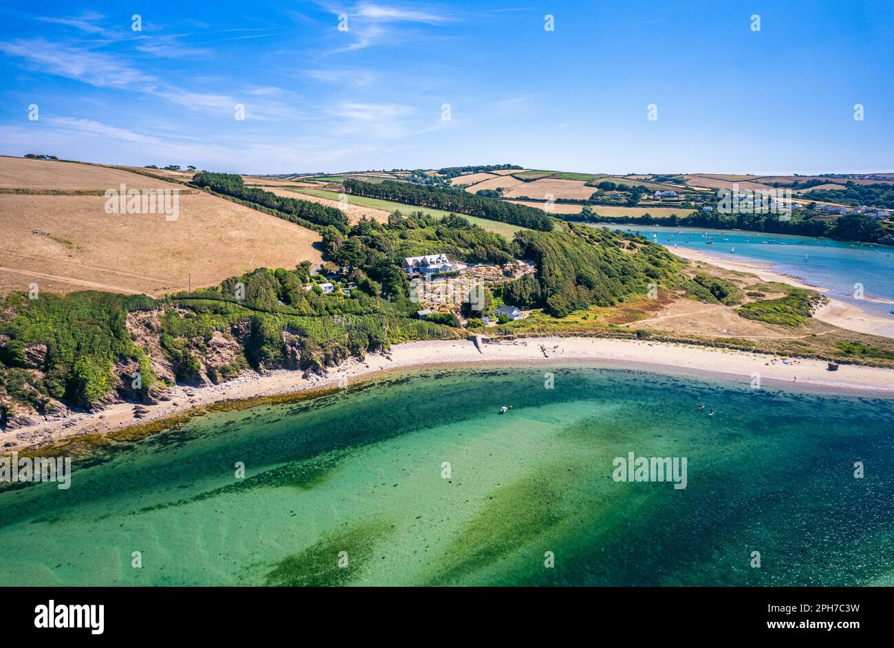 Aerial view of Bantham Beach and River Avon from a drone, South Hams ...
