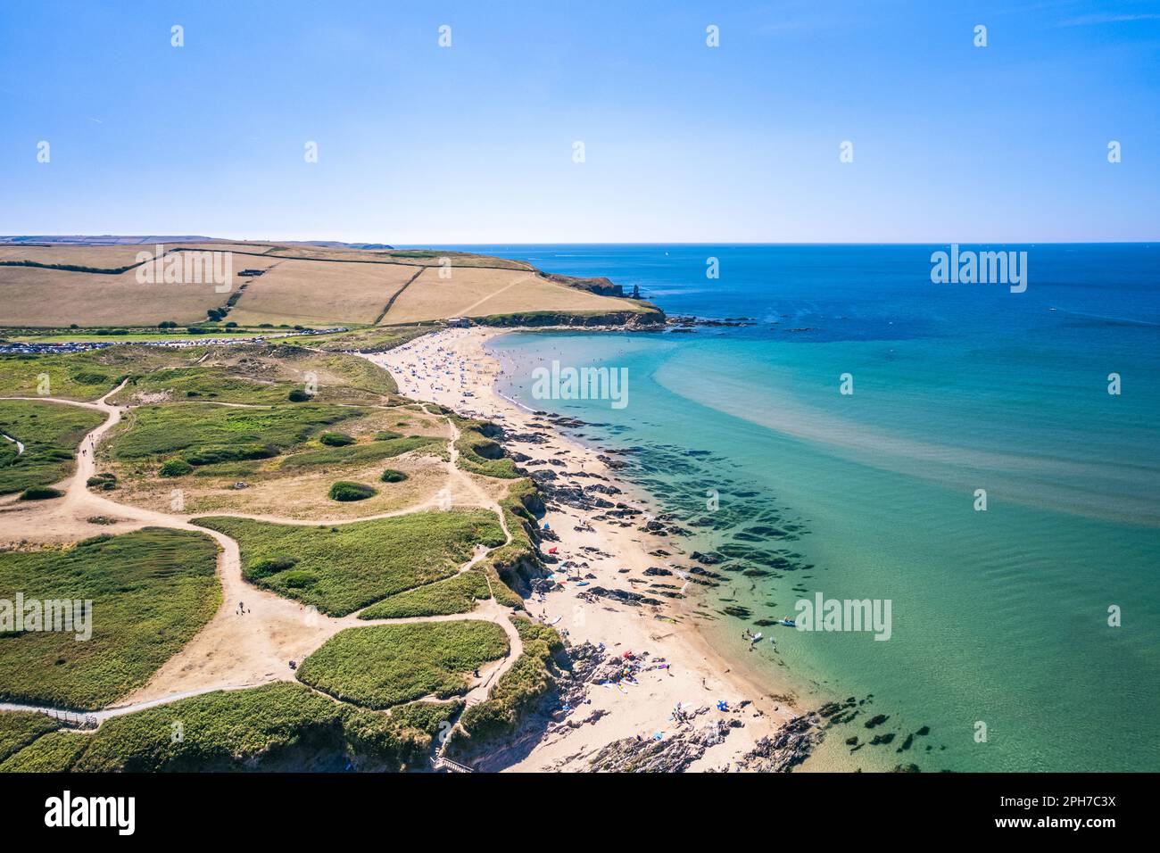 Aerial view of Bantham Beach and River Avon from a drone, South Hams ...