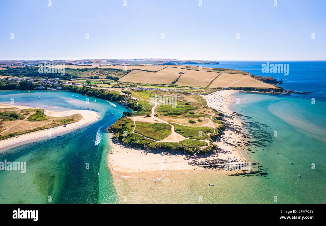 Aerial view of Bantham Beach and River Avon from a drone, South Hams ...