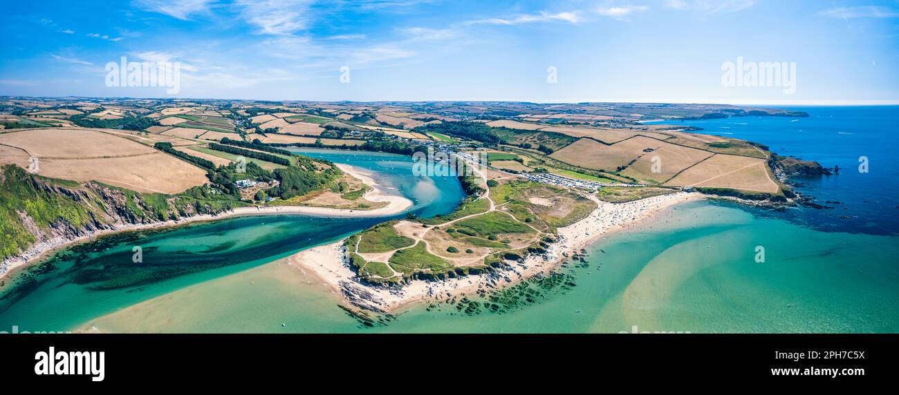 Aerial view of Bantham Beach and River Avon from a drone, South Hams ...