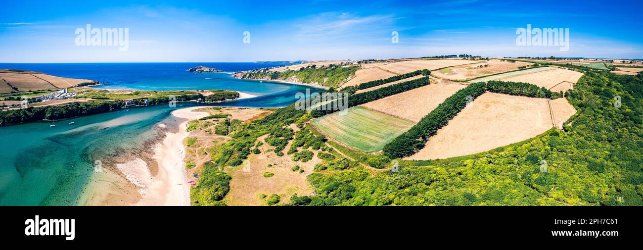 Aerial view of Bantham Beach and River Avon from a drone, South Hams ...