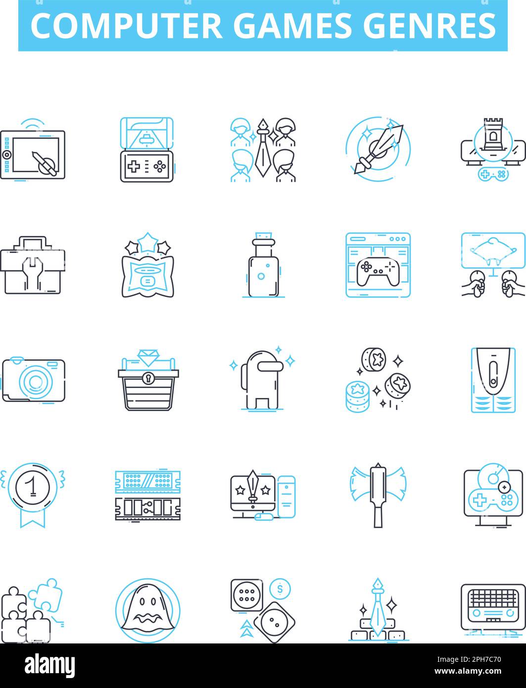 Computer games genres vector line icons set. Simulation, Shooter ...