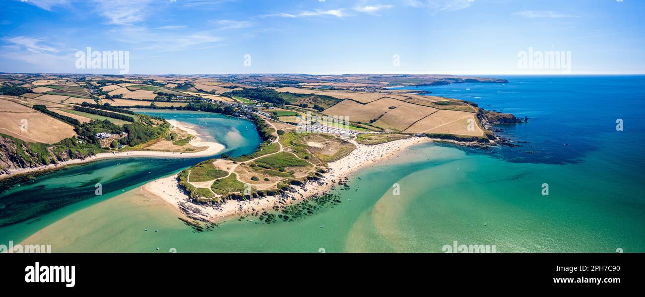 Aerial view of Bantham Beach and River Avon from a drone, South Hams ...