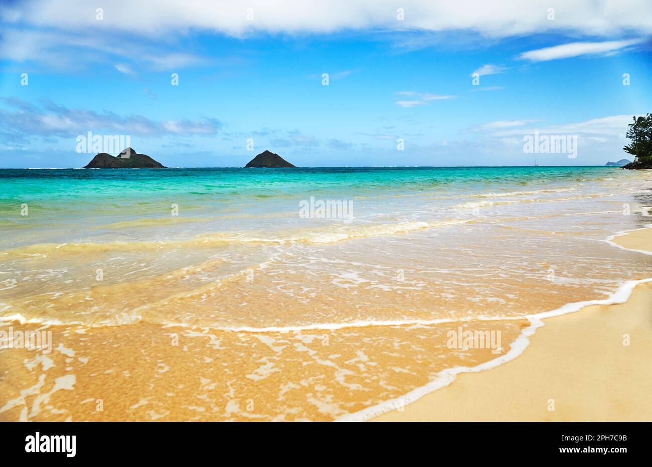 Lanikai Beach with the Mokulua Islands in the background on the ...