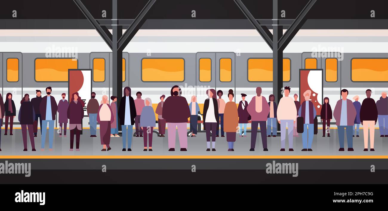 Crowd of people standing on station platform Stock Vector Images - Alamy