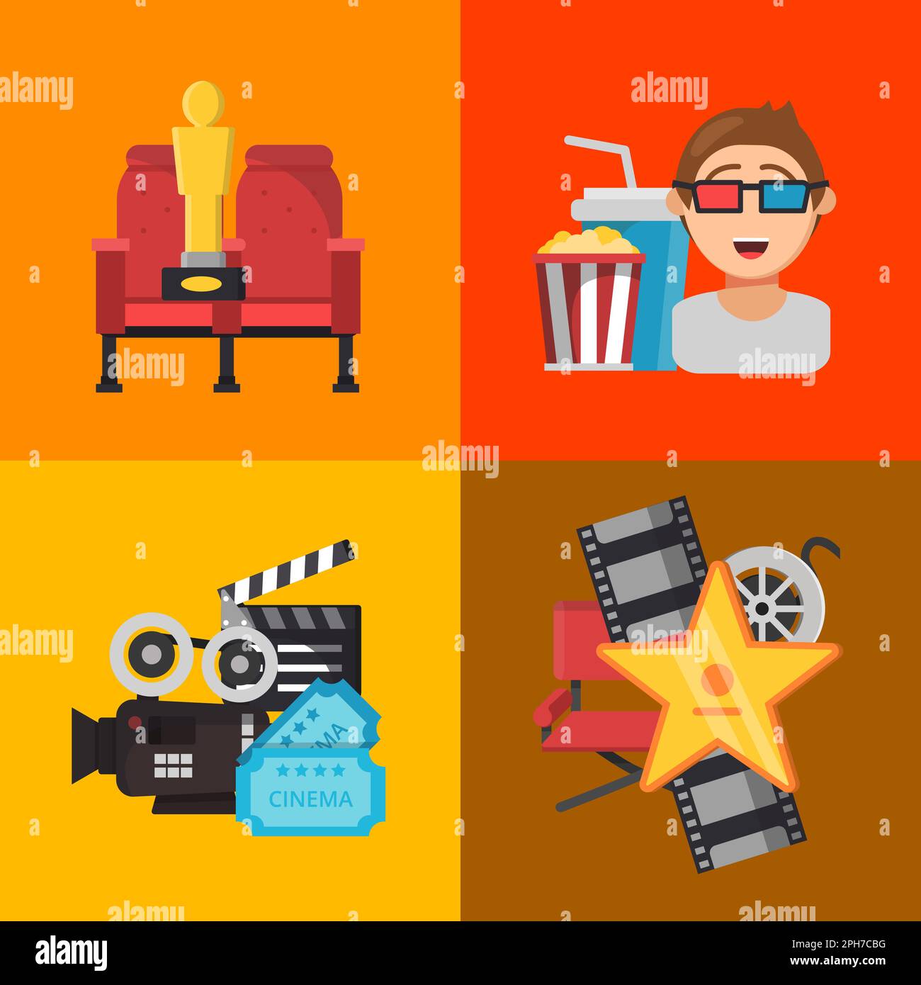 Cinema symbols. movie time colored flat icons type cinema chairs ...