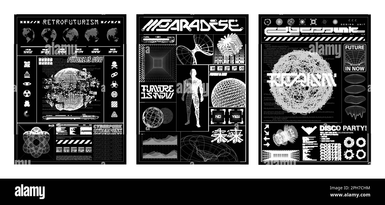 Retro futuristic posters set with 3D objects and science shapes Stock ...