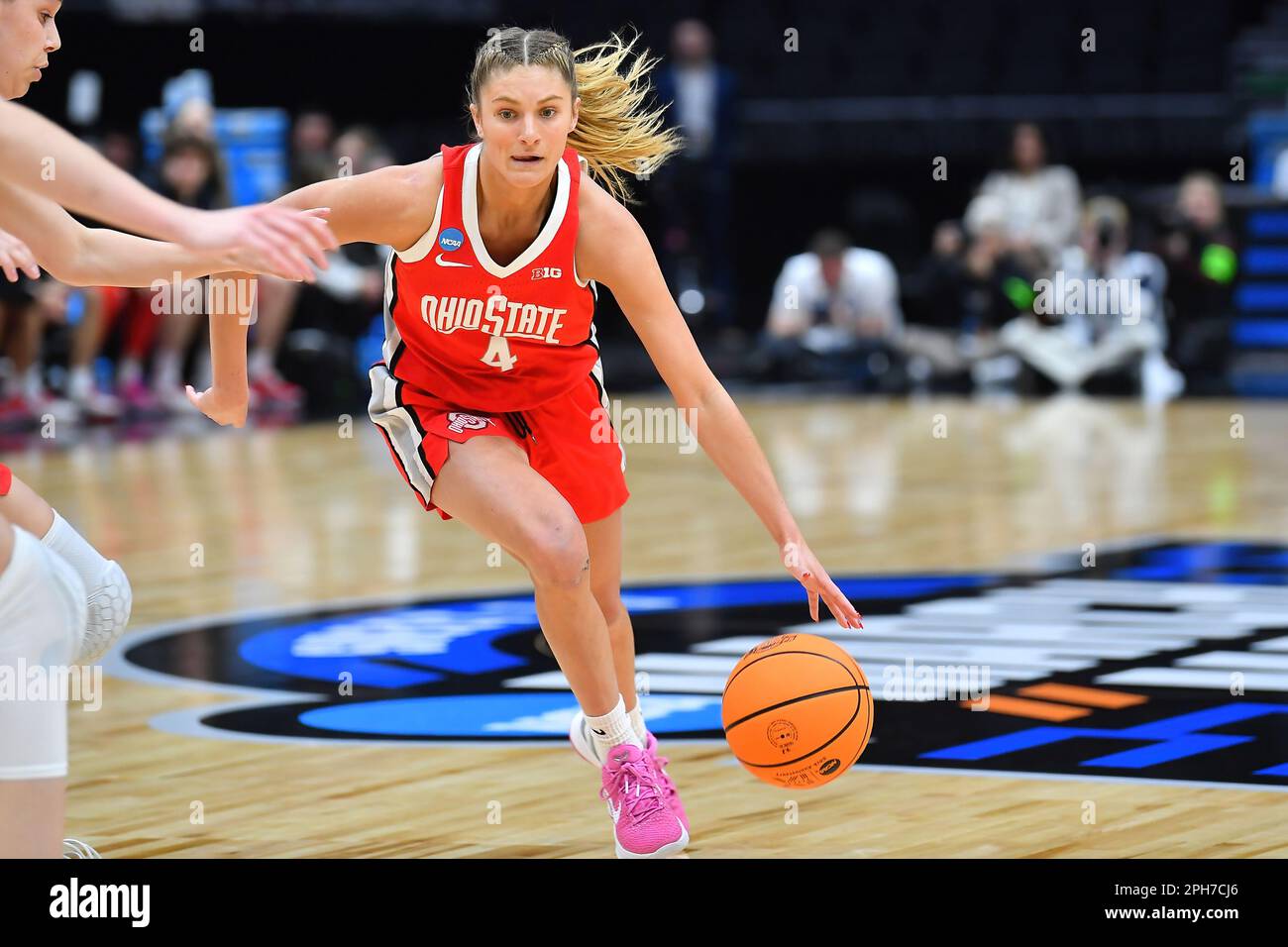 March 25, 2023: Ohio State Buckeyes guard Jacy Sheldon (4) advances the ...