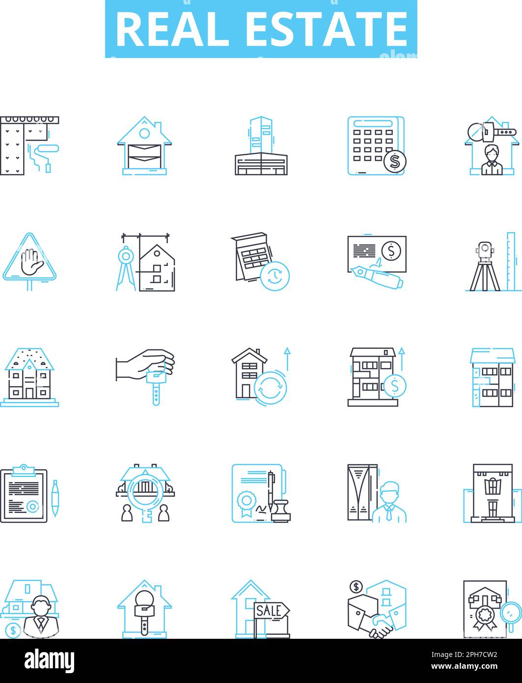 Real estate vector line icons set. property, investment, broker, mortgage, land, home, lease ...