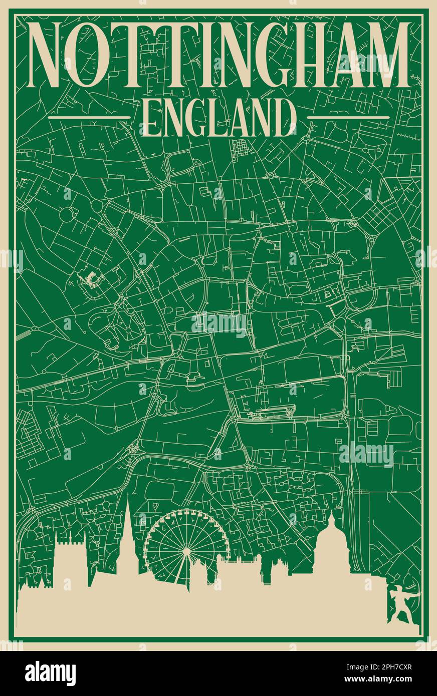 Road network poster of the downtown NOTTINGHAM, UNITED KINGDOM Stock ...