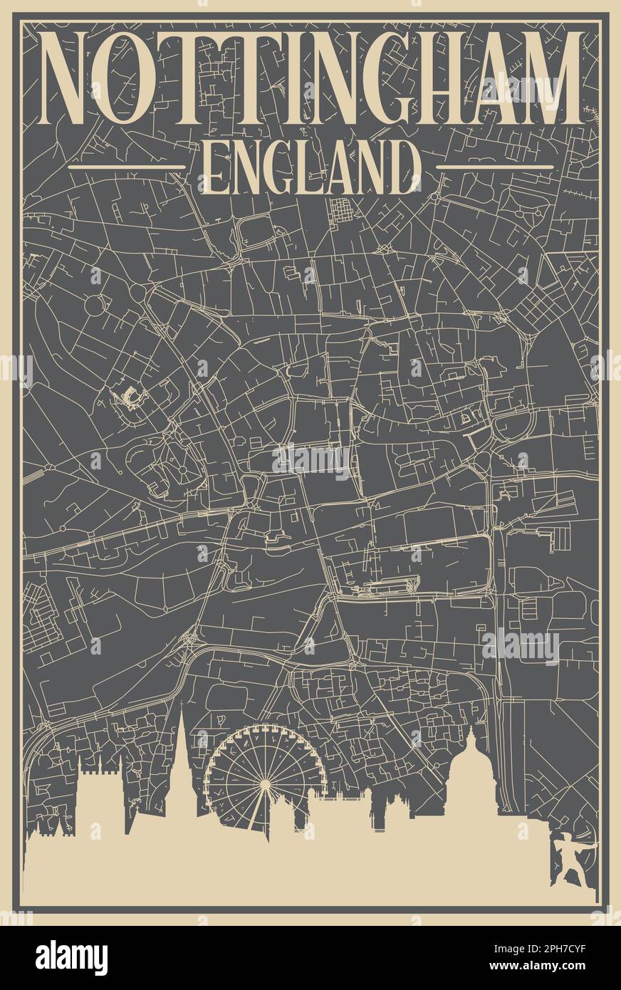 Road network poster of the downtown NOTTINGHAM, UNITED KINGDOM Stock ...