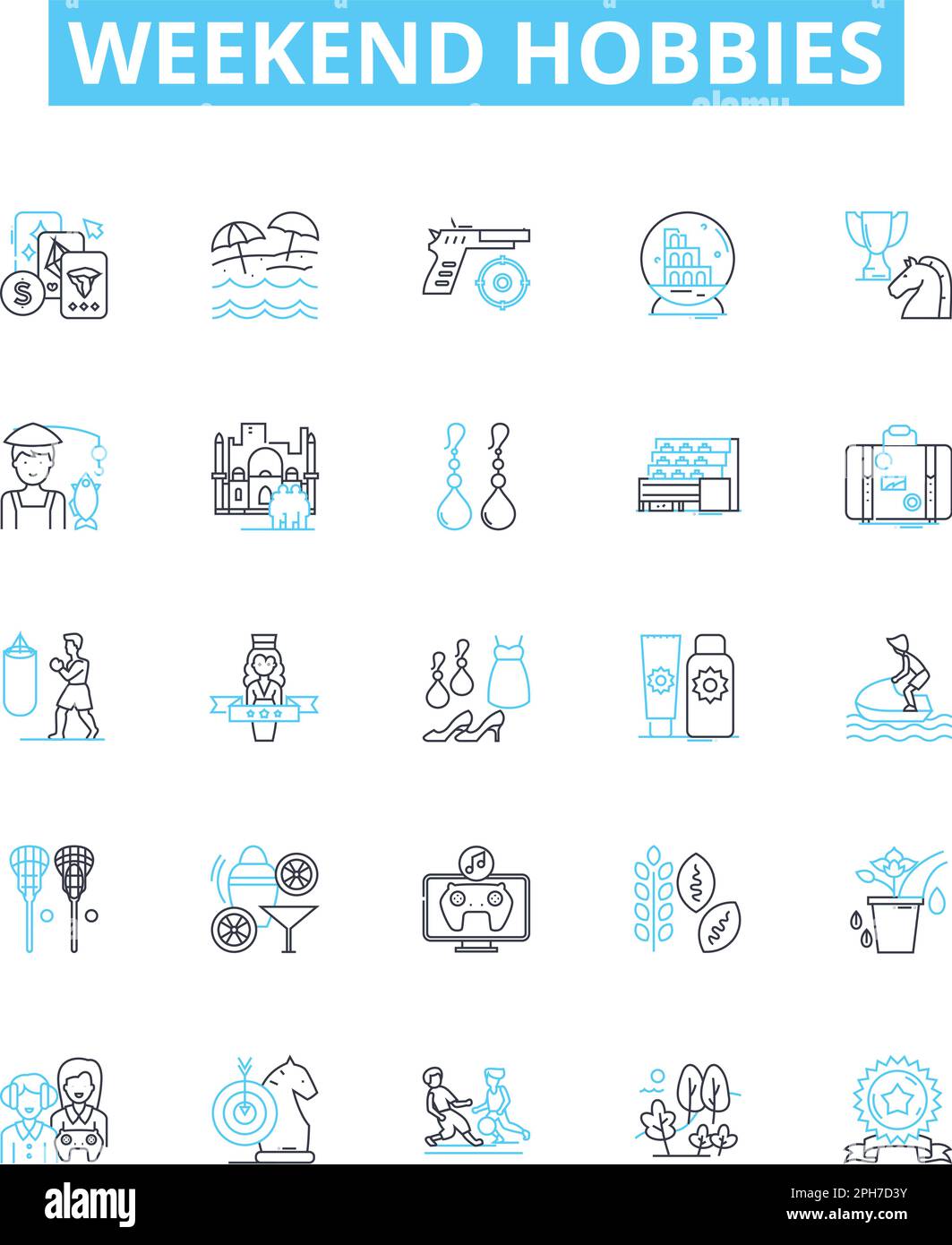 Weekend hobbies vector line icons set. Gardening, Hiking, Fishing, Swimming, Reading, Cooking ...