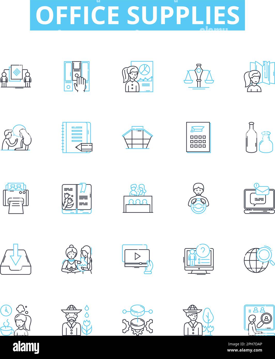 Office supplies vector line icons set. Stationery, Paper, Pencils, Pens ...