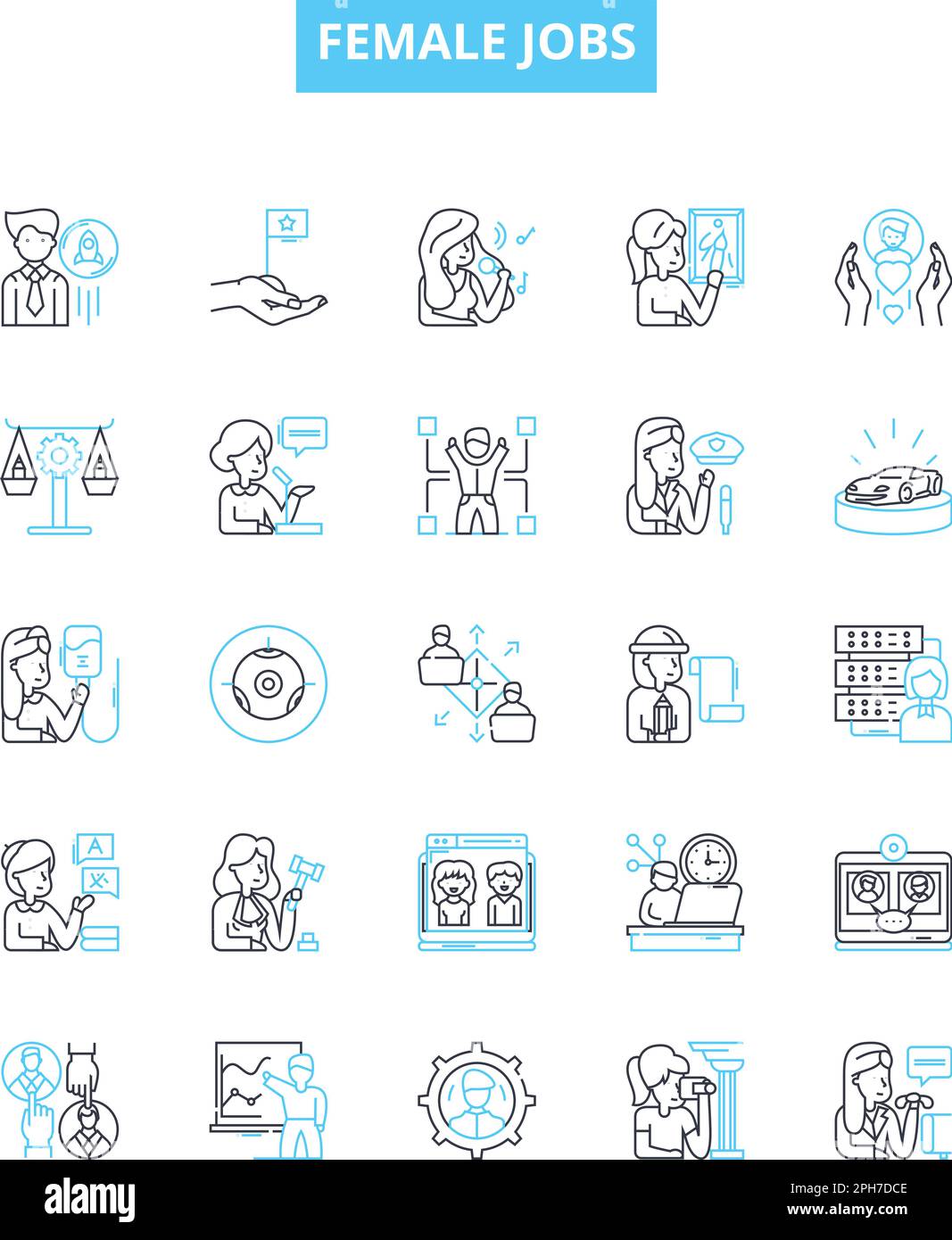 Female jobs vector line icons set. Nurse, Teacher, Engineer ...