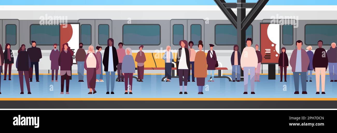 multiethnic people group standing on railway station mix race men women ...