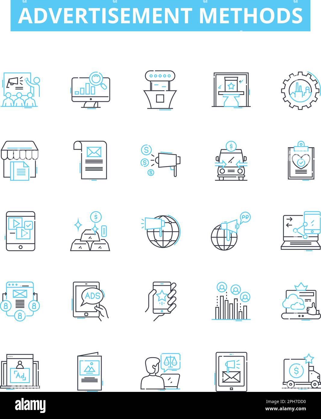 Advertisement methods vector line icons set. Marketing, Advertising, Outreach, Promotions ...