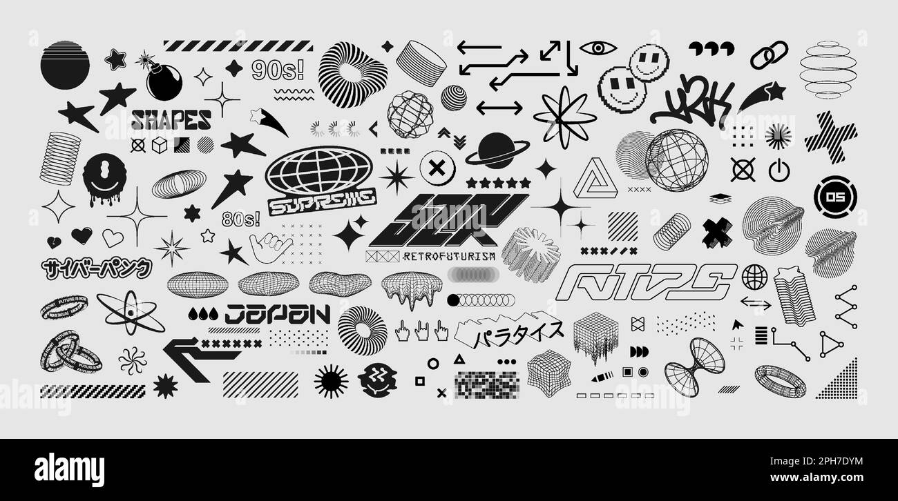 Retrofuturistic, y2k, rave trip elements set. Acid geometric shapes ...