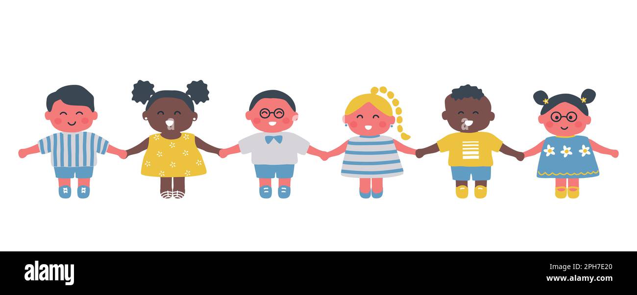 happy children holding hands. Diverse group of baby girls and baby boys ...