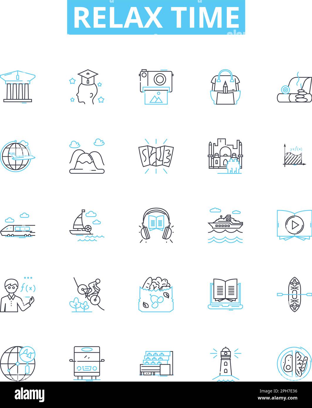 Relax time vector line icons set. Unwind, Recharge, Soothe, Repose ...