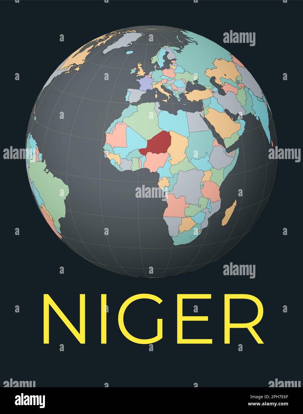 World map centered on Niger. Red country highlighted. Satellite world ...