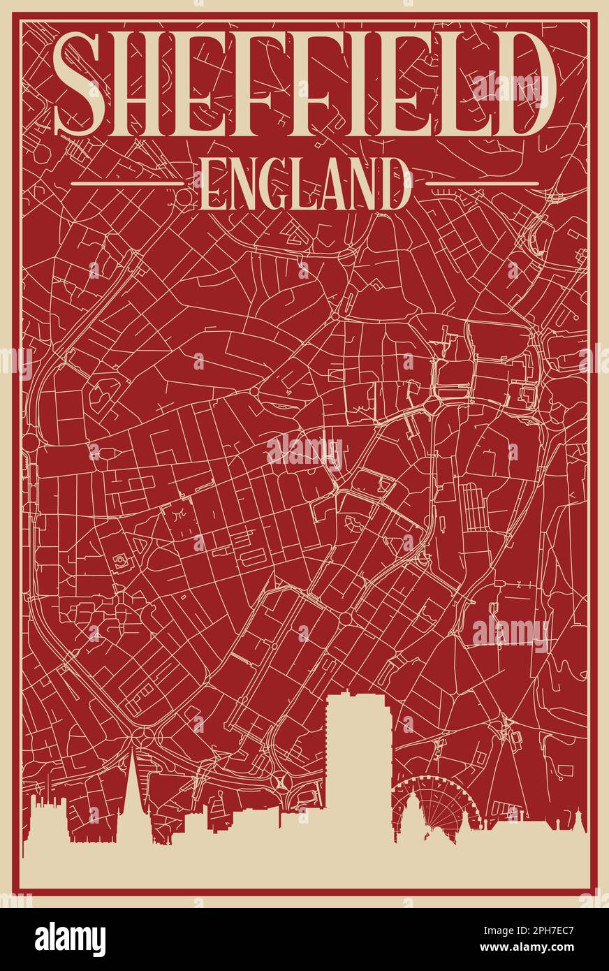 Road network poster of the downtown SHEFFIELD, UNITED KINGDOM Stock ...