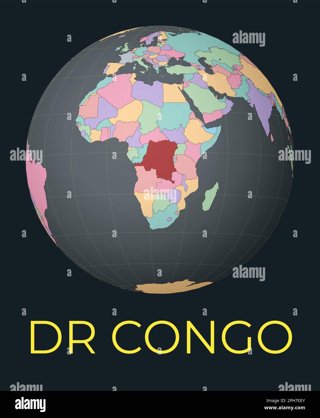 World map centered on DR Congo. Red country highlighted. Satellite ...