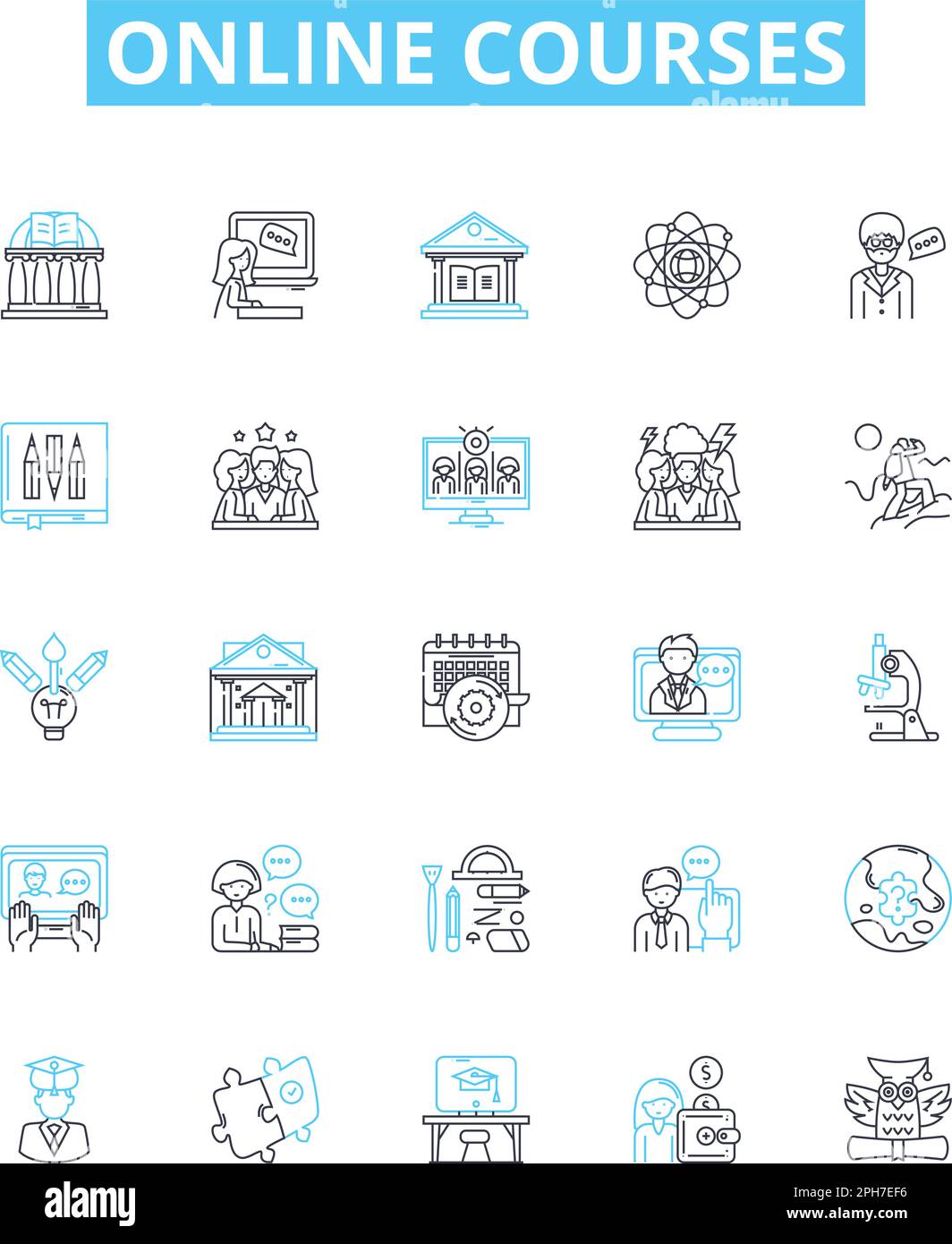 Online courses vector line icons set. E-learning, Training, Webinars, Tutorials, Distance ...