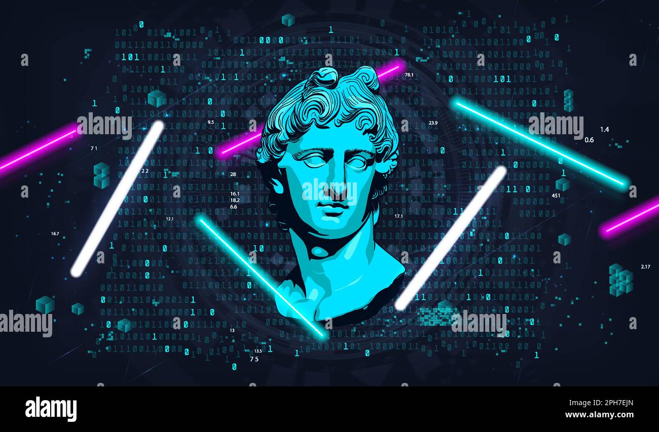 Bust 3d against a futuristic background, binary code, and neon lamps ... Bust 3d against a futuristic background, binary code, and neon lamps ...