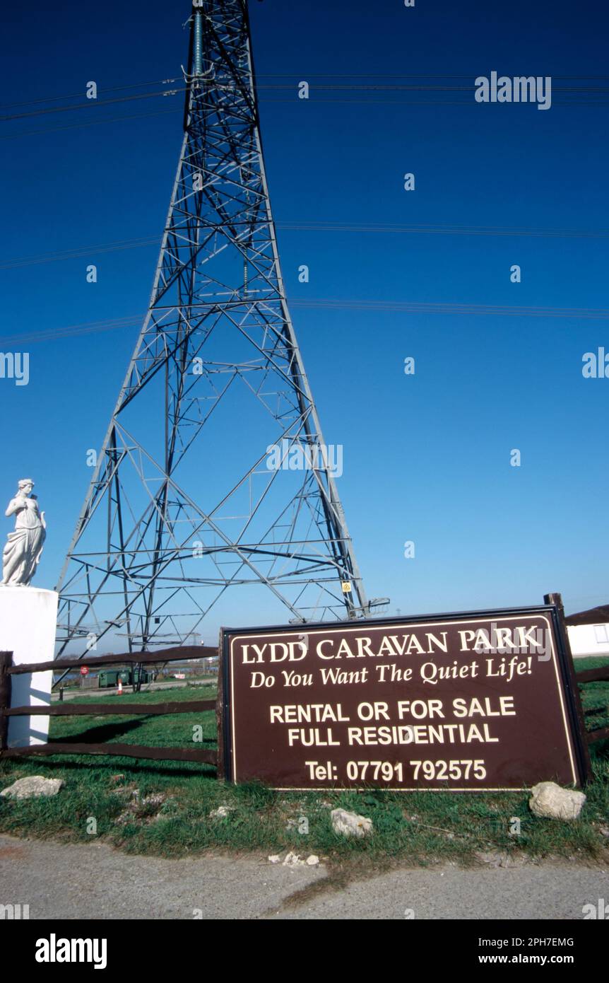 Pylons within the Lydd Caravan Park, Kent/Sussex border, England. The ...