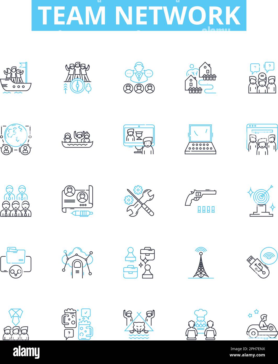 Team network vector line icons set. Team, Network, Collaborate, Sharing, Connect, Unify, Merge ...