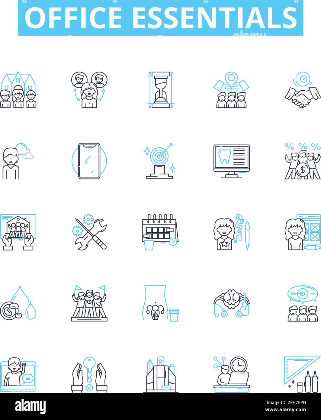 Office essentials vector line icons set. Desk, Chair, Pens, Printer ...