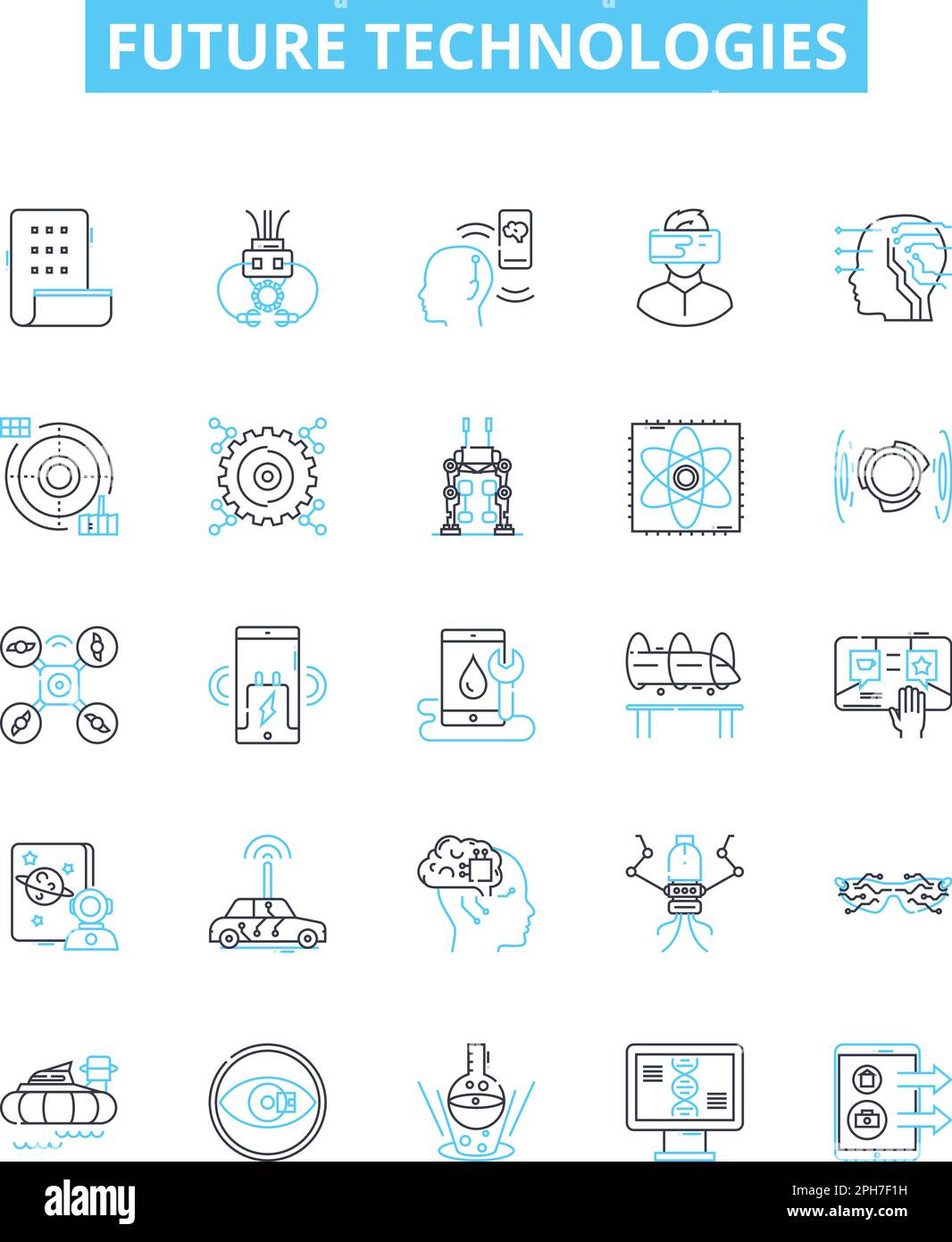 Future technologies vector line icons set. AI, Robotics, BigData, Blockchain, Cybersecurity ...