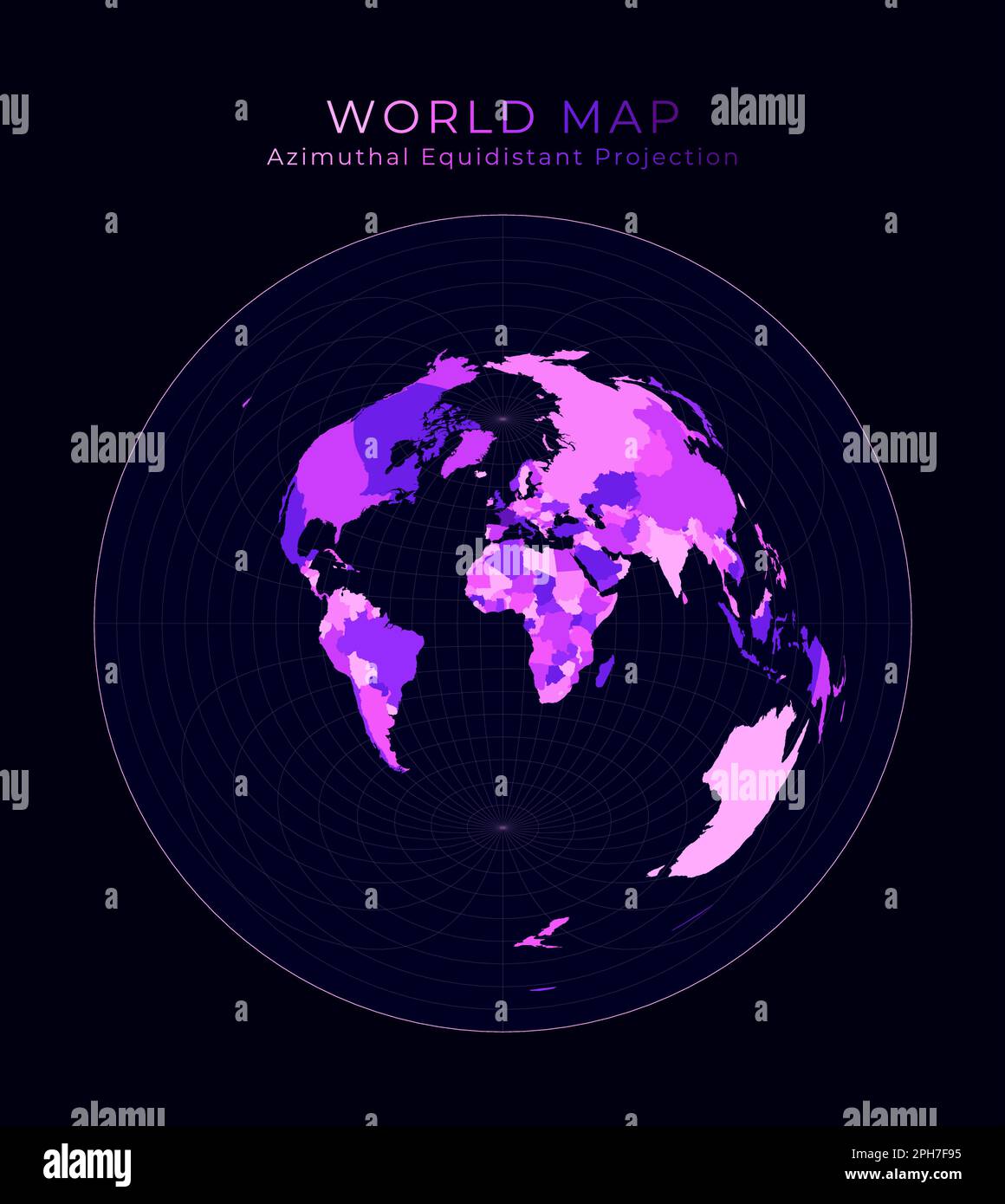 World Map. Azimuthal equidistant projection. Digital world illustration. Bright pink neon colors ...