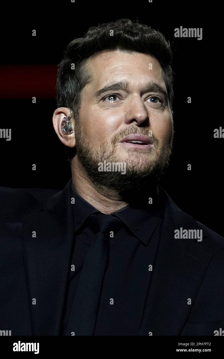Michael Buble performs on stage at the O2 Arena in London, Sunday, Mar ...