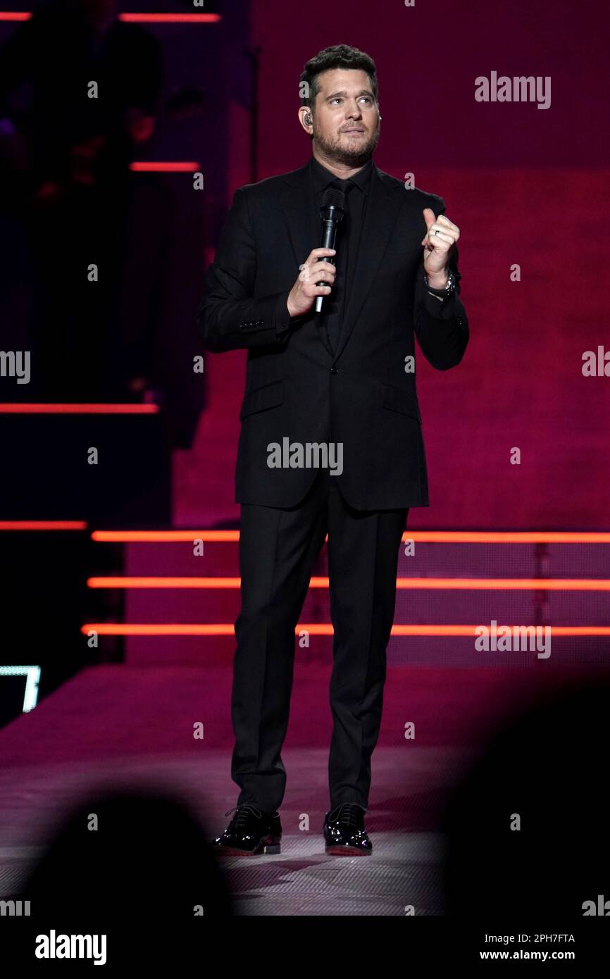 Michael Buble performs on stage at the O2 Arena in London, Sunday, Mar ...
